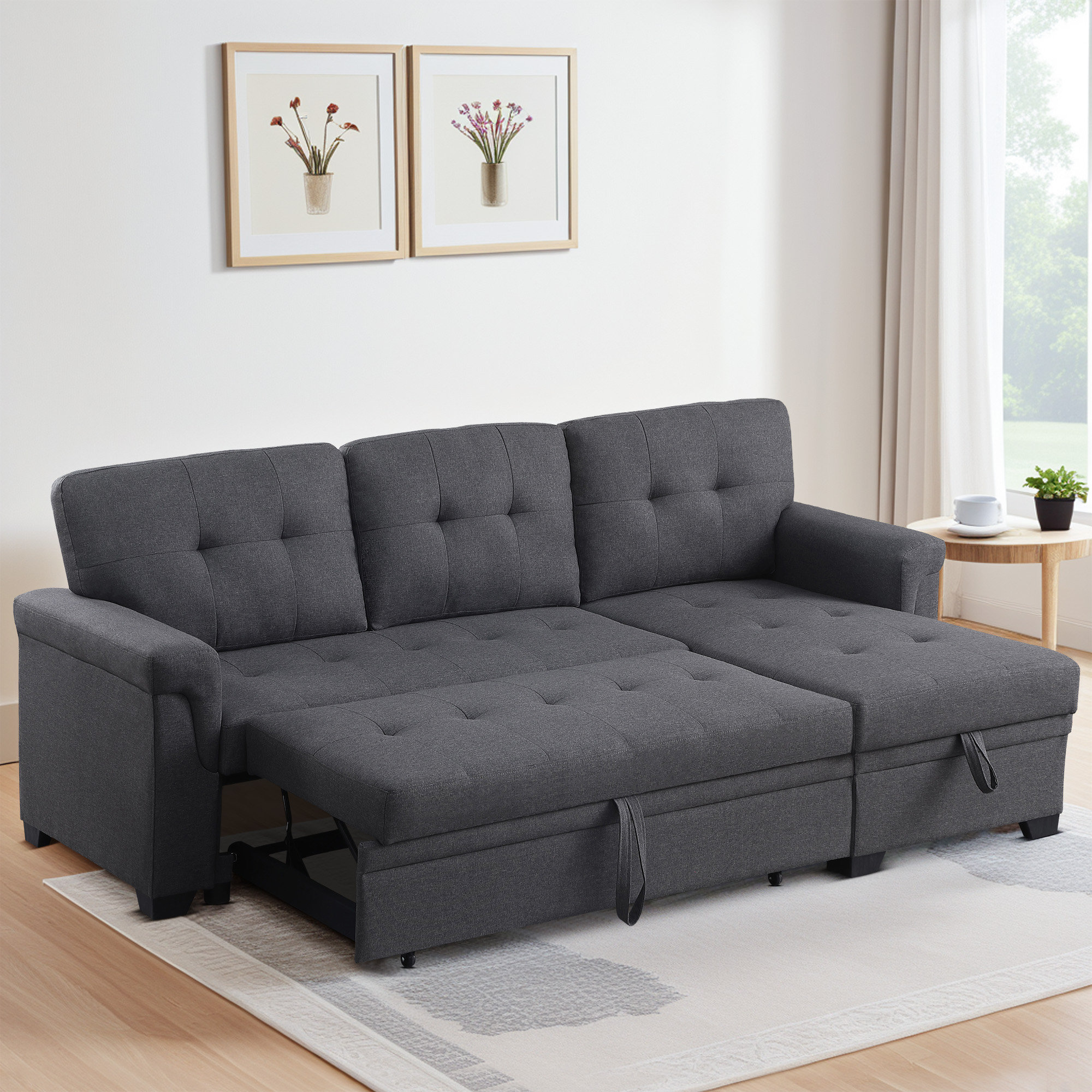 Ebern Designs 82" L-shaped Upholstered Sectional Sleeper Sofa With Storage Chaise,Linen Fabric ...